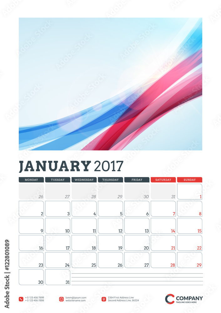 Wall Calendar Planner Template for 2017 Year. January. Vector Design ...