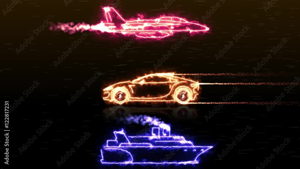 Abstract animation of color transportation car ship and jet plane made ...