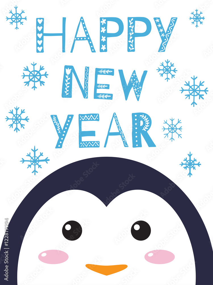 Little funny penguin. Holidays card - Happy New Year. Vector ...