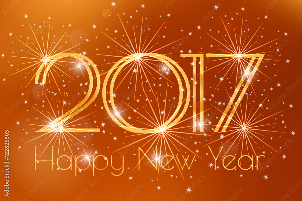 Happy New Year 2017 Card with gold fireworks glowing fire on a gold ...