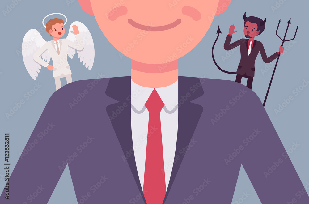 Angel and devil on the man shoulders, suggesting. Cartoon vector flat ...