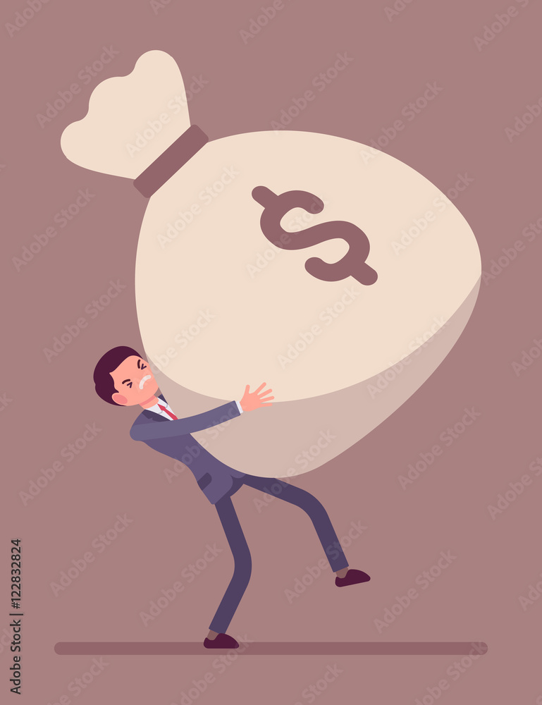 Businessman dragging a heavy giant money sack, tension on his face ...