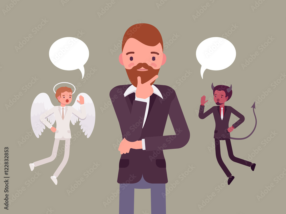 Angel and devil hovering over a thinking man, trying to make a choice ...
