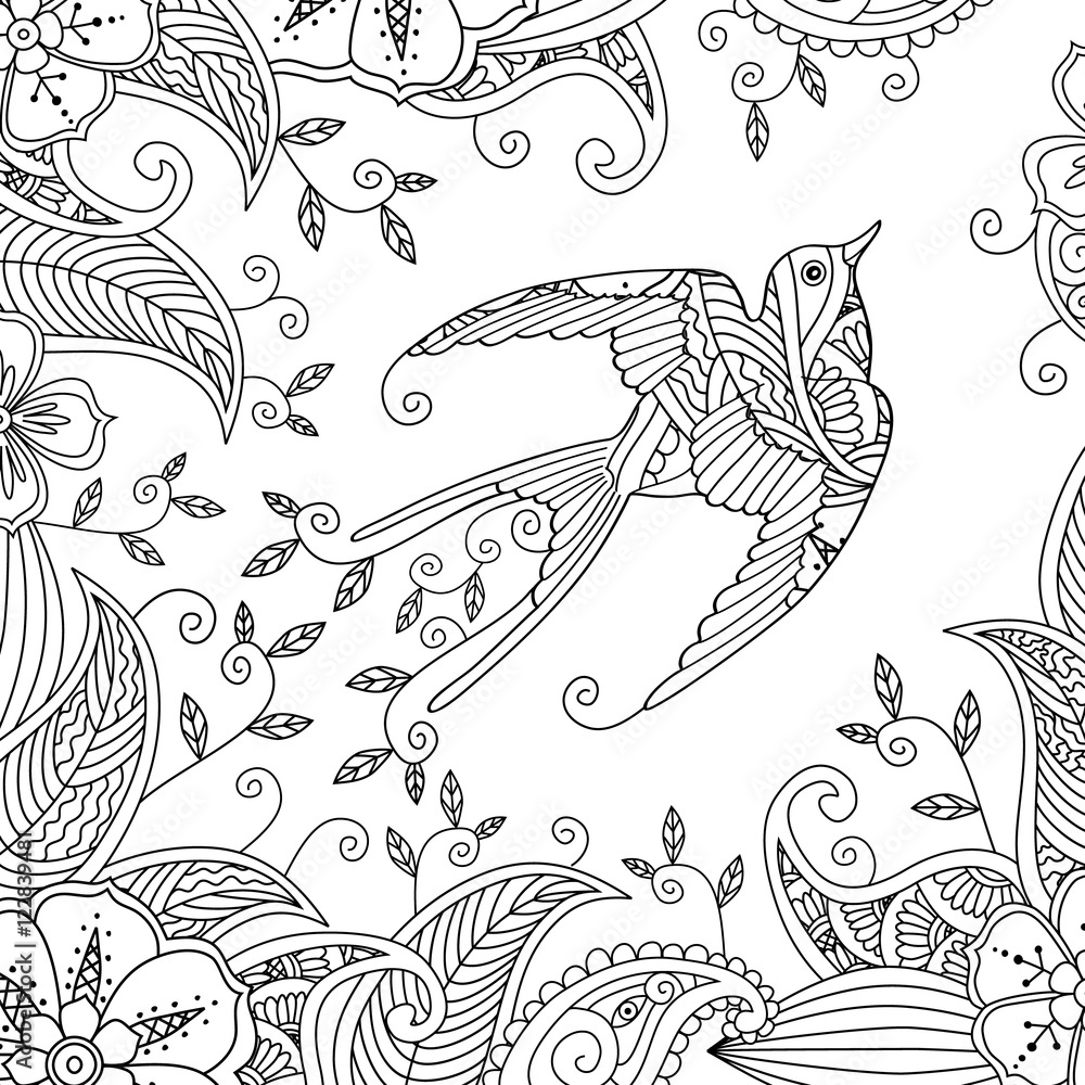 Coloring page with beautiful flying bird and floral background. Stock ...