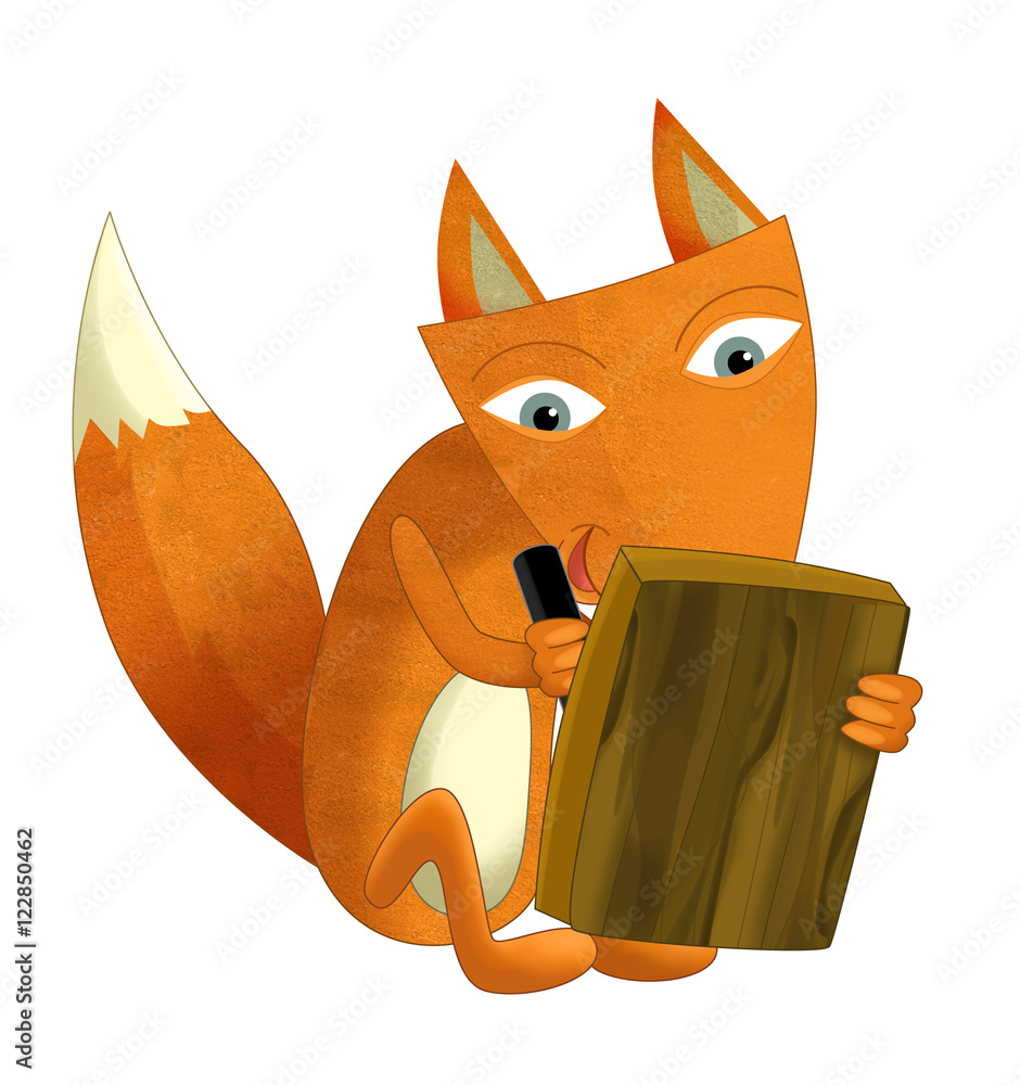 Cartoon fox sitting - reading and writing - isolated - illustration for ...