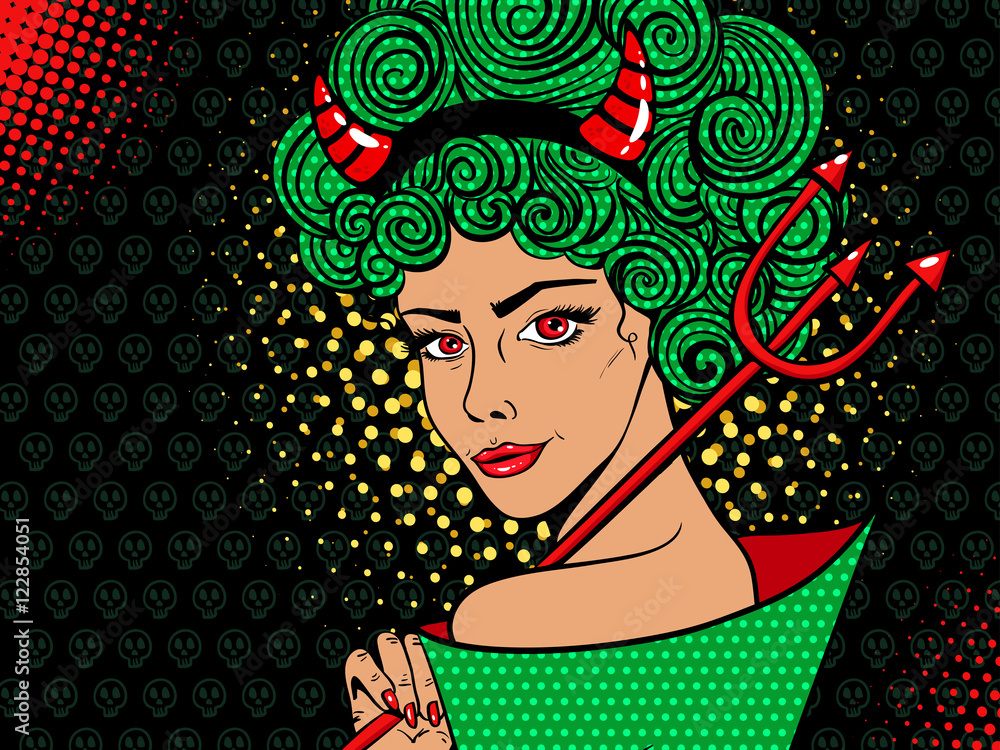 Sexy devil smiling woman with red eyes, green curly hair, red horns and ...