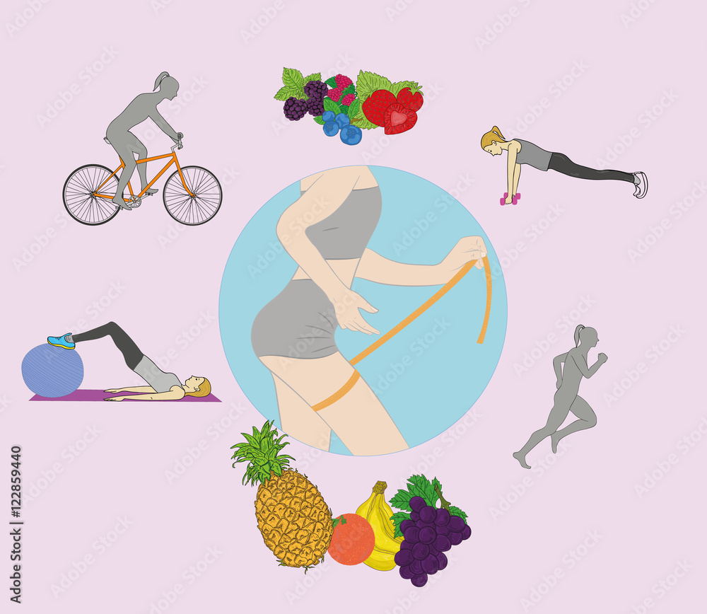 slender woman measures the size of her thigh with tape, hand drawing ...