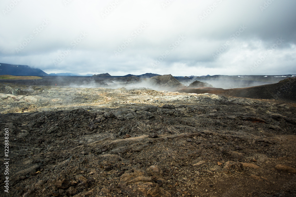 Hot ground made from solified lava at Krafla volcanic area in Iceland ...