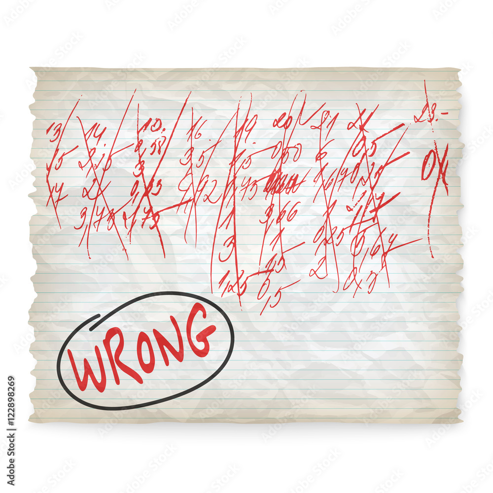 Vector crumpled lined paper and hand written wrong calculation Stock ...