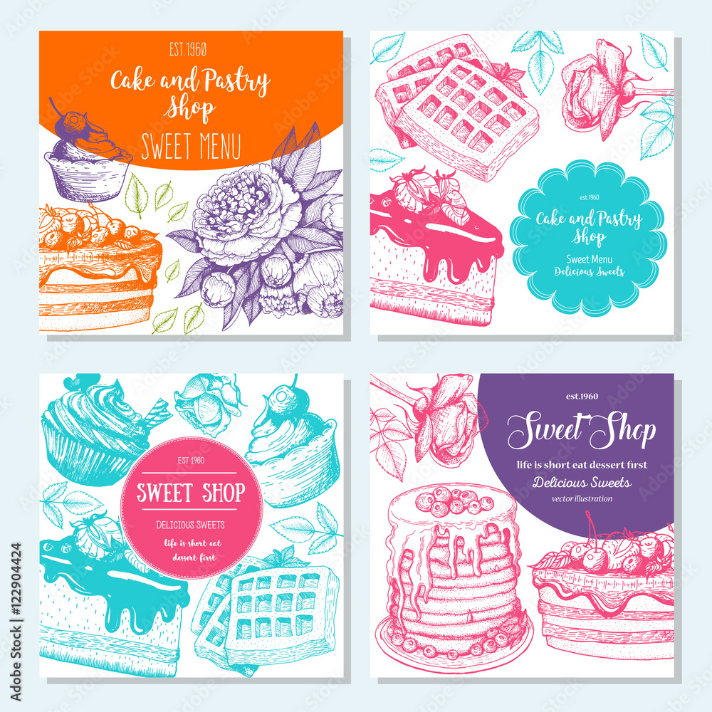 Sweet shop banner collection. Square banner set. Hand drawn cake, pie ...