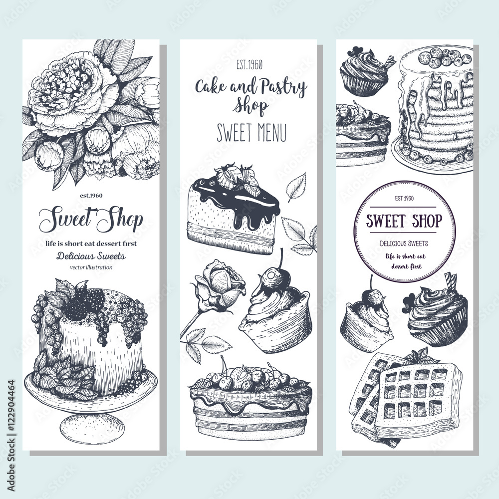 Sweet shop banner collection. Vertical banner set. Hand drawn cake, pie ...
