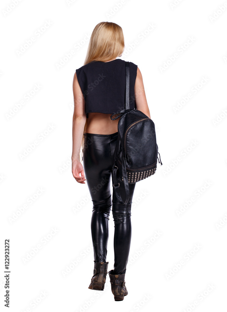 back view of walking woman. beautiful girl in motion. backside view of ...