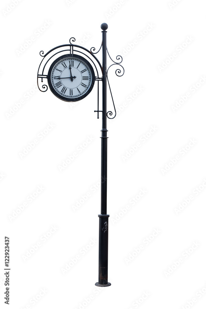 Street clock on a pole. Isolated on white background. Rare metal pole ...