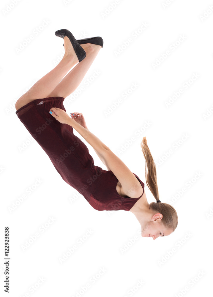 Balancing young woman. or dodge falling woman. Rear view people ...