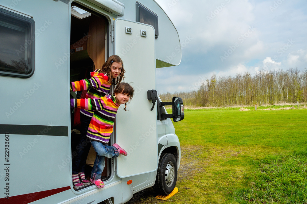 Kids in camper (rv), family travel in motorhome on vacation Stock-Foto ...