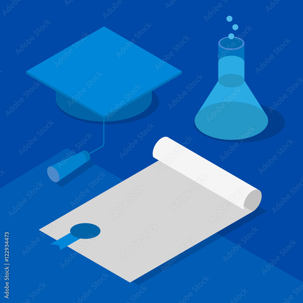 Graduation cap, certificate and flask with chemical liquid. Concept ...