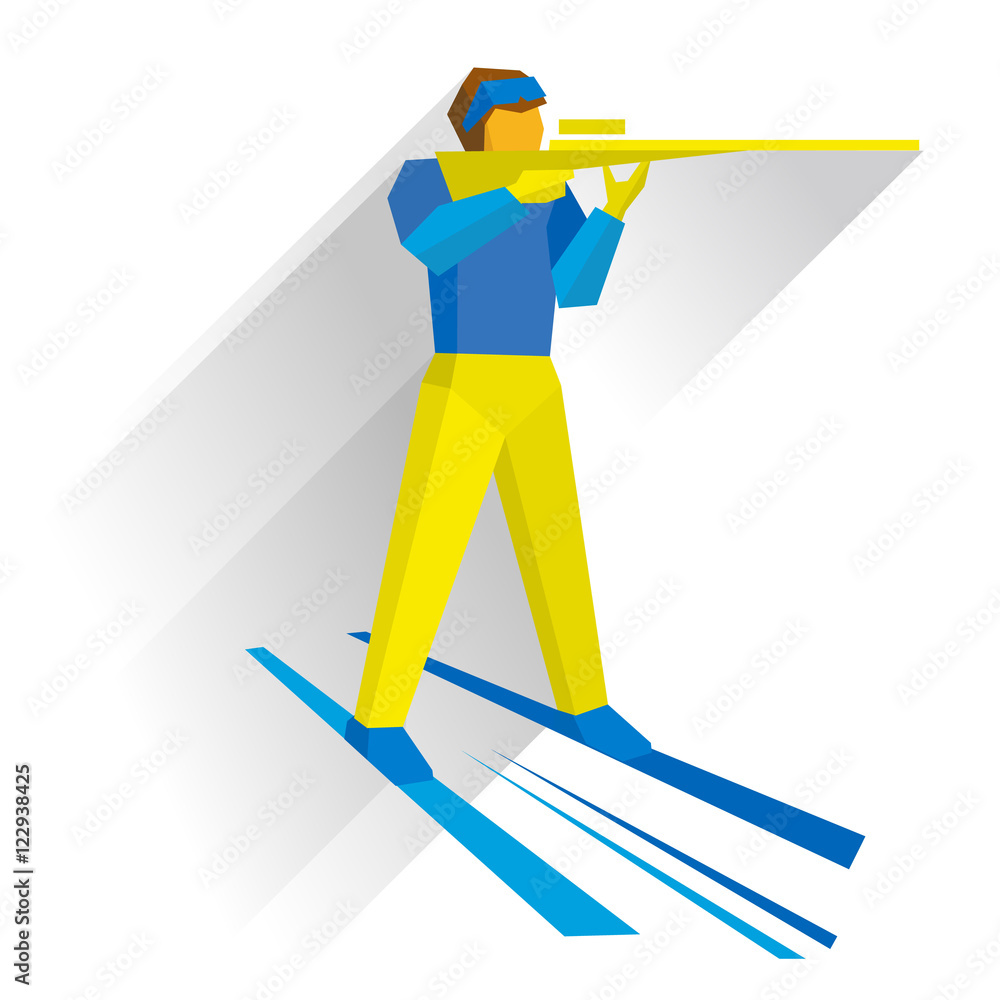 Winter sports - Biathlon. Cartoon biathlete shoots a rifle standing on ...
