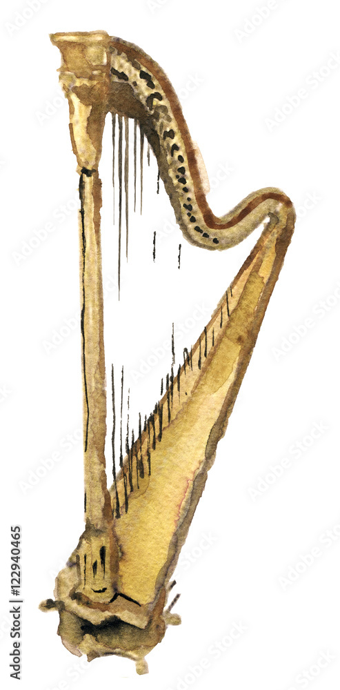 watercolor sketch of harp on white background Stock Illustration ...