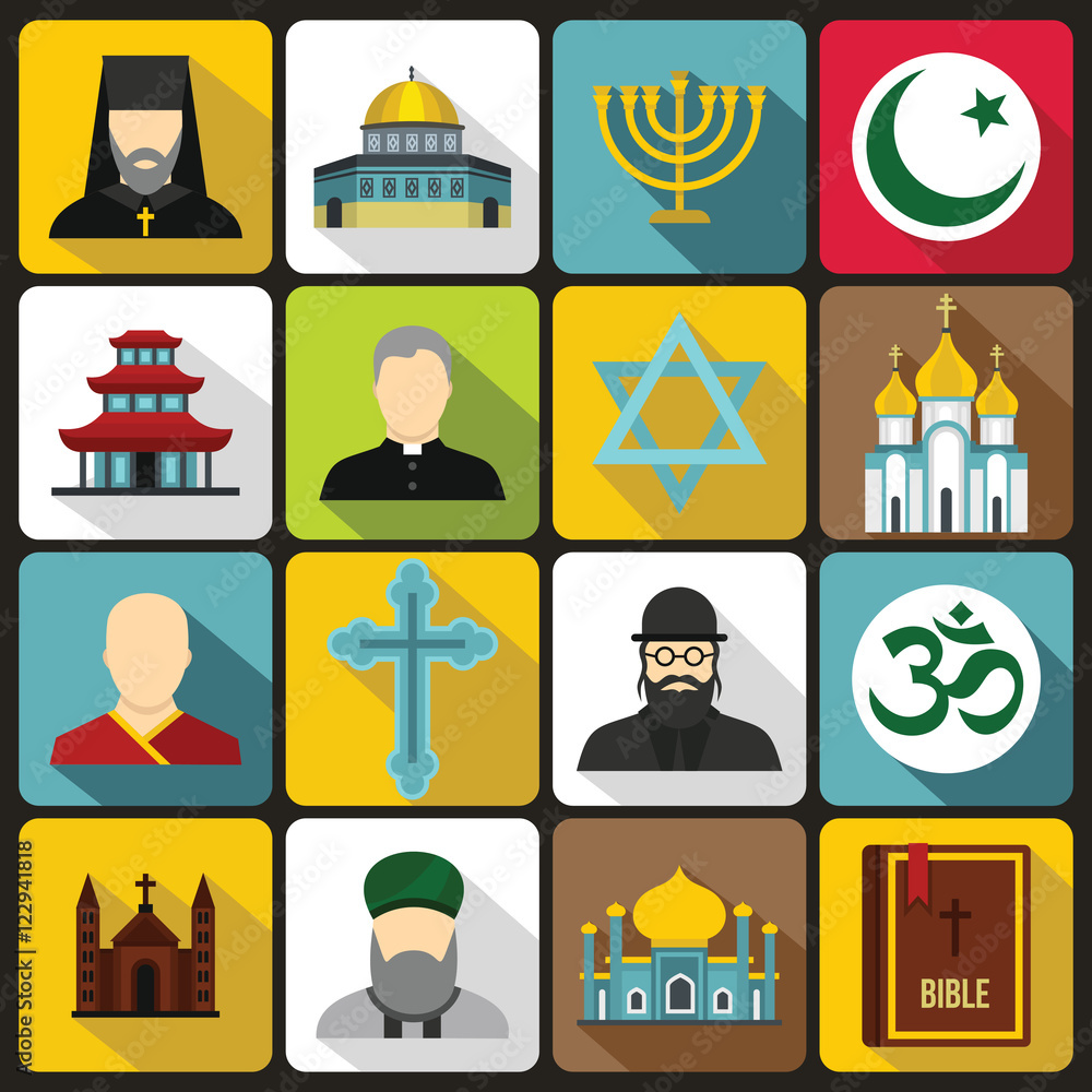 Religious symbol icons set in flat style. World religions and badges ...