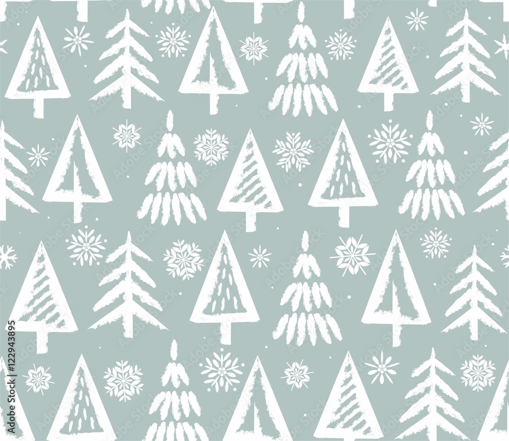 Christmas trees and snowflakes, seamless grey background. Vector, flat ...