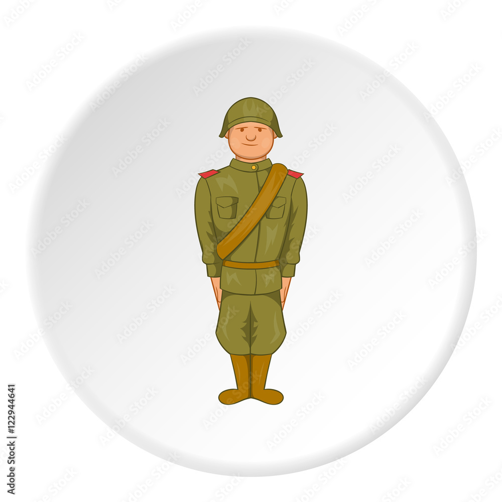 Soldier icon in cartoon style isolated on white circle background ...