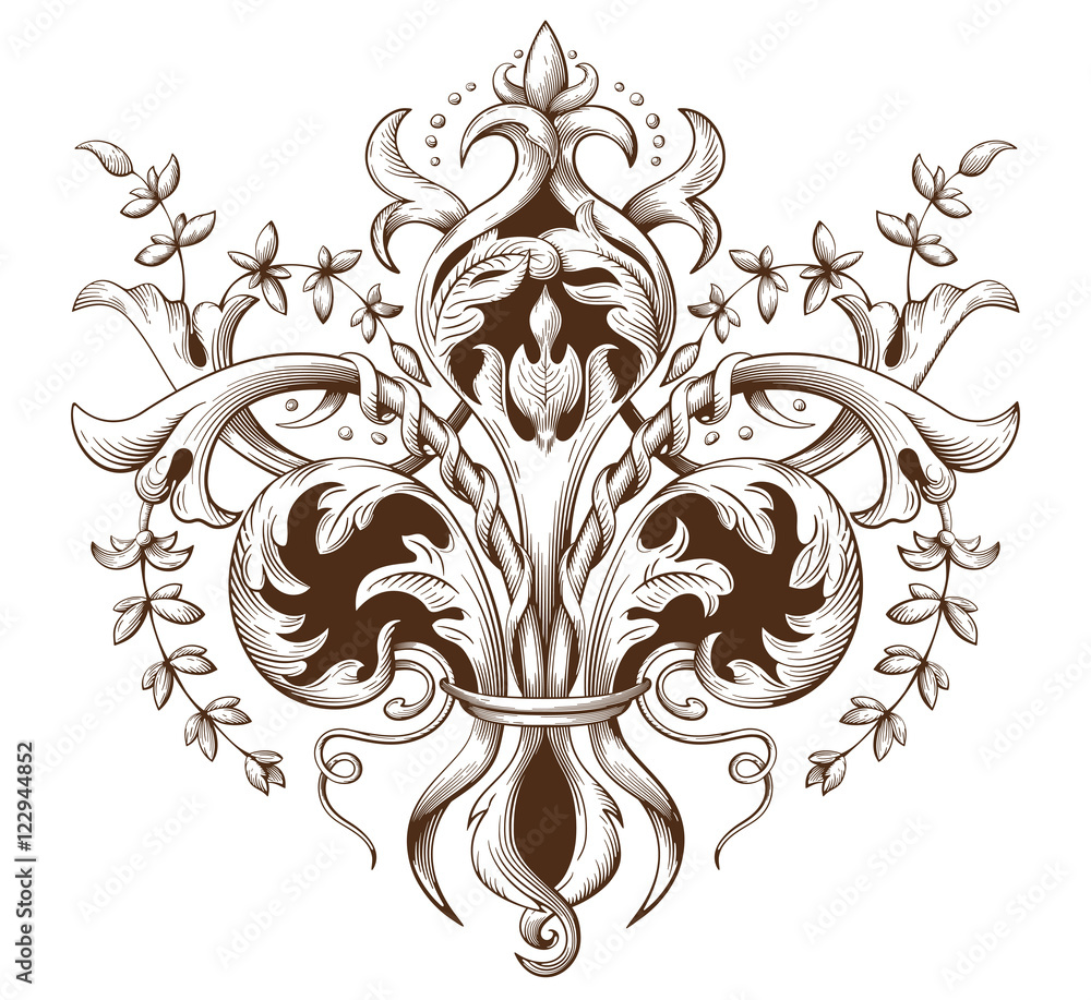 Vintage decorative element engraving with Baroque ornament pattern ...