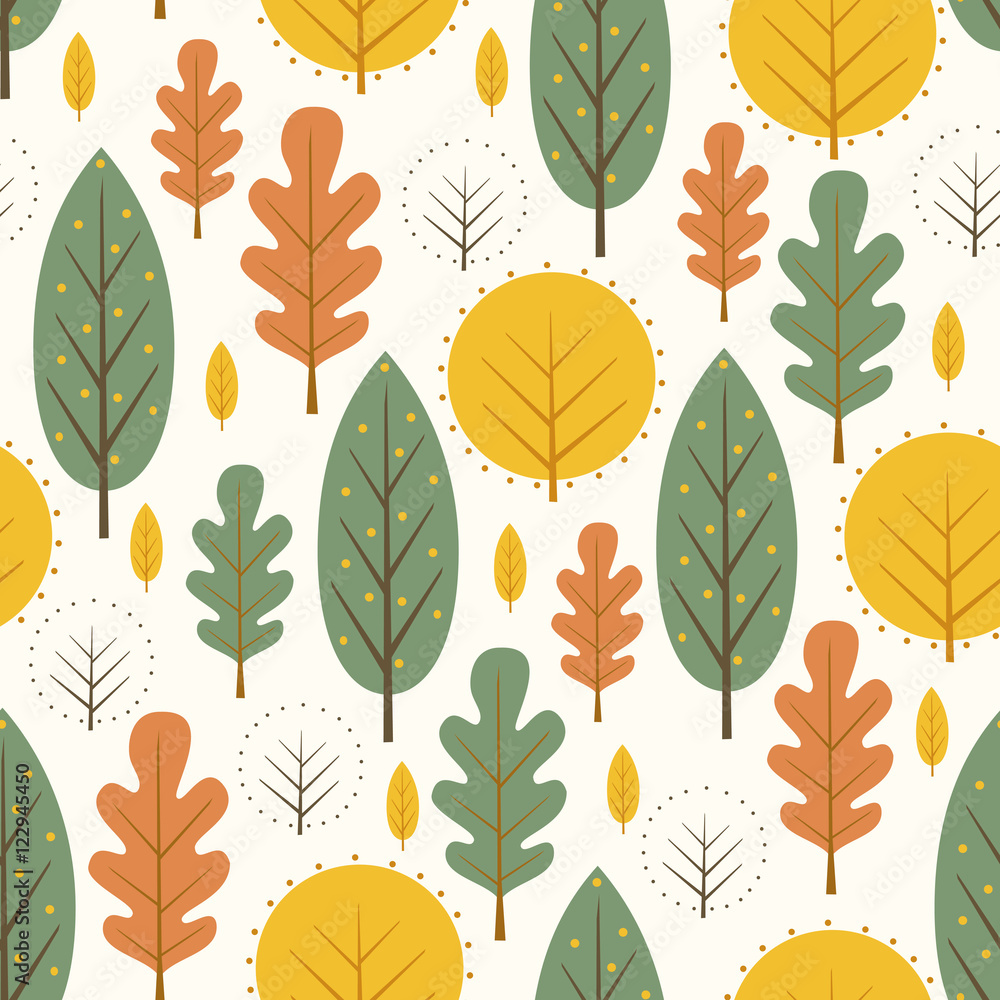Autumn leaves seamless pattern on white background. Decorative trees ...