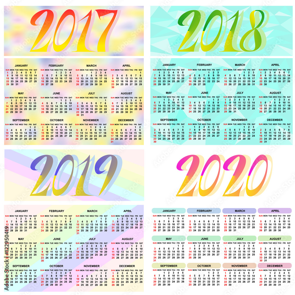 Calendar for 2017, 2018, 2019 and 2020 year. Set of vector simple ...