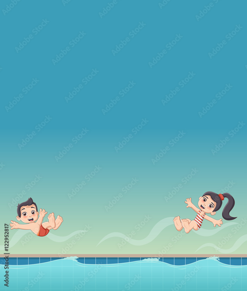 Cute happy cartoon children jumping into a swimming pool. Stock Vector ...
