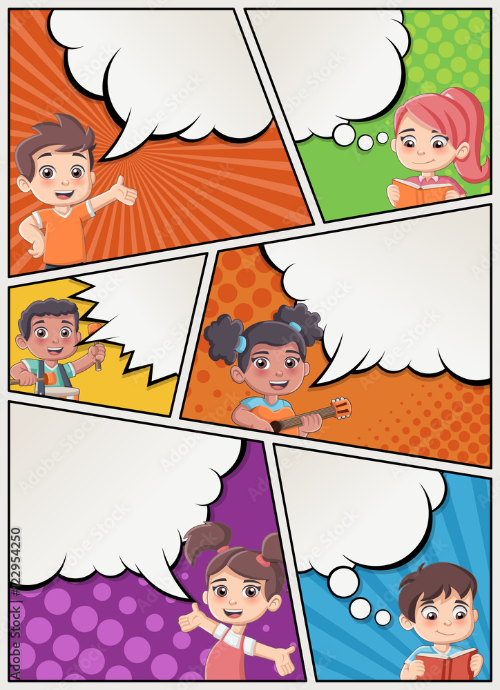 Comic book page with children talking. Comic strip background with ...