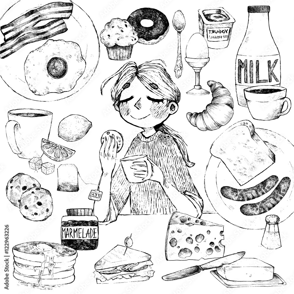 Breakfast. Hand drawing of food and beverages. The girl has brea vector ...