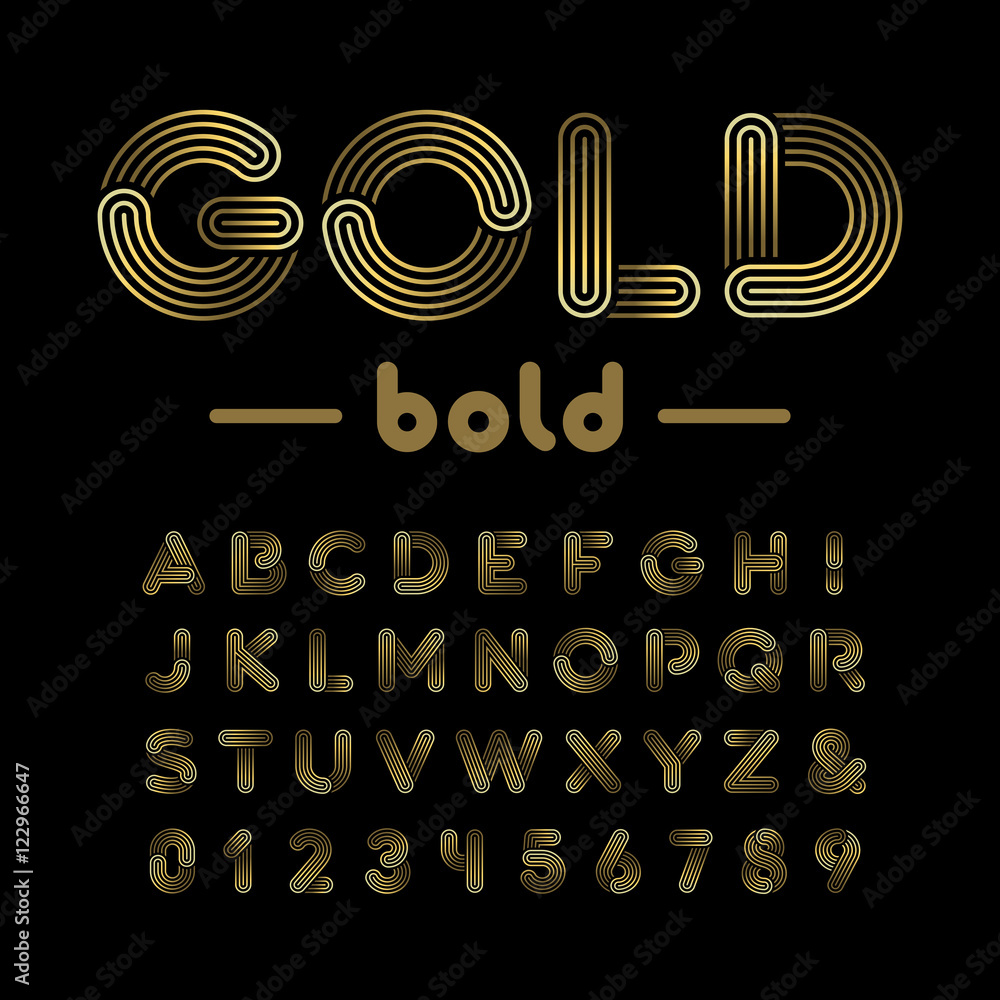 Golden font. Vector alphabet with gold effect letters and number Stock ...