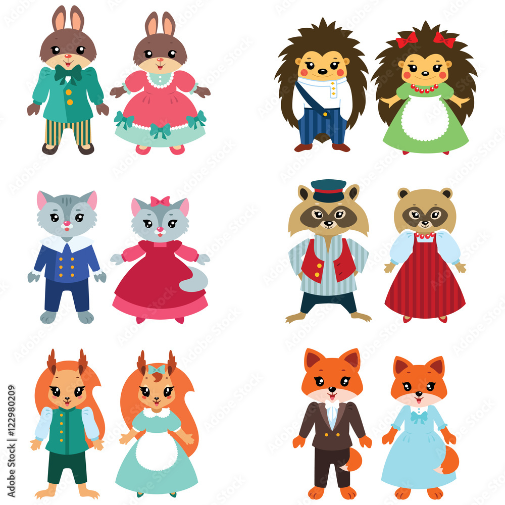 Couples of cute cartoon animals isolated on white background. Flat ...