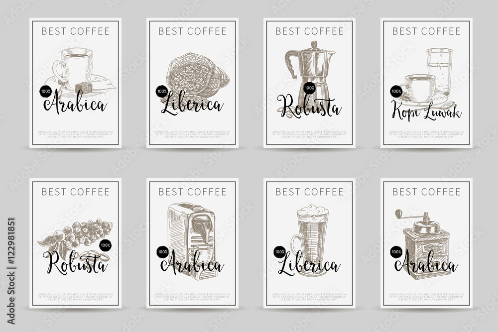Coffee vector poster set. llustrations in sketch style. Cards co Stock ...
