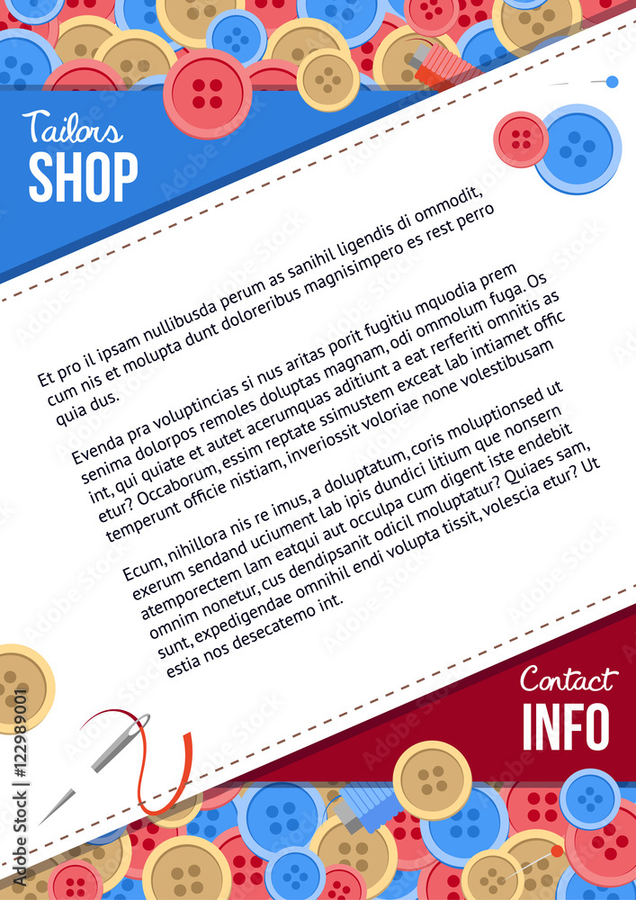 Tailors shop poster template with lot of buttons at background. Cartoon ...