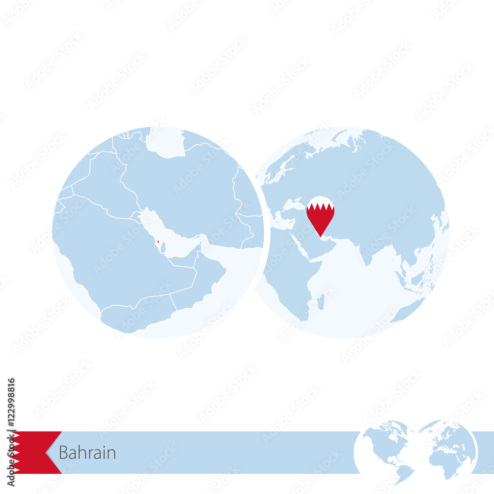 Bahrain on world globe with flag and regional map of Bahrain. Stock ...