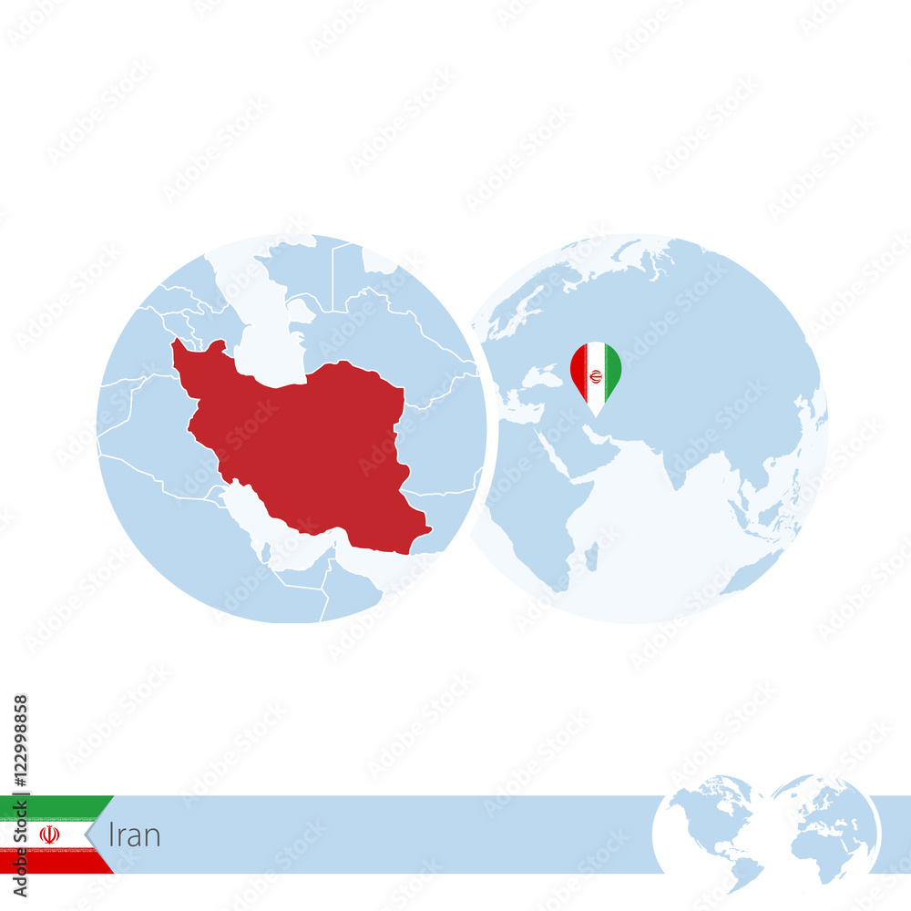 Iran on world globe with flag and regional map of Iran. Stock Vector ...