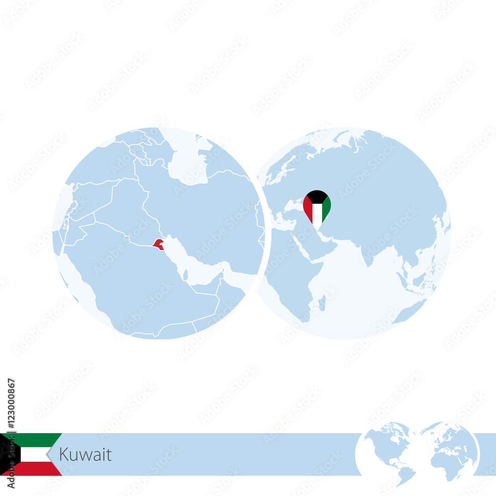 Kuwait on world globe with flag and regional map of Kuwait. Stock ...