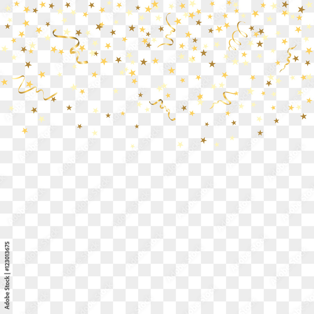 Gold star confetti celebration, isolated on transparent background. Falling golden abstract ...