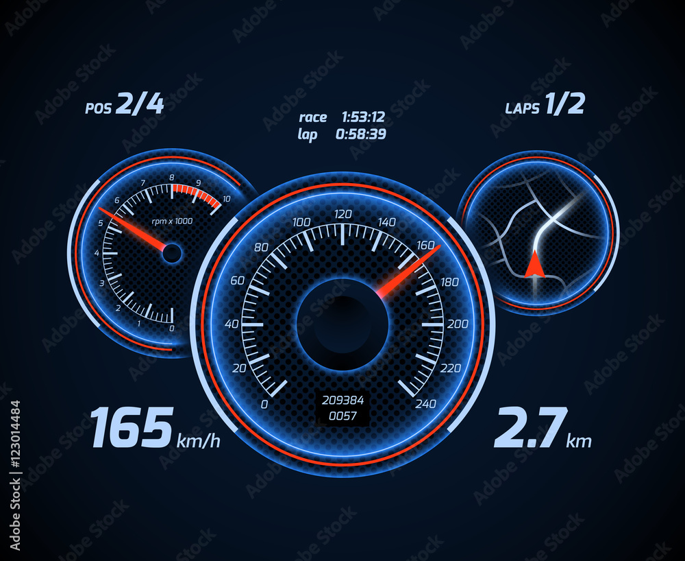 Racing car computer and app smartphone game dashboard vector interface ...