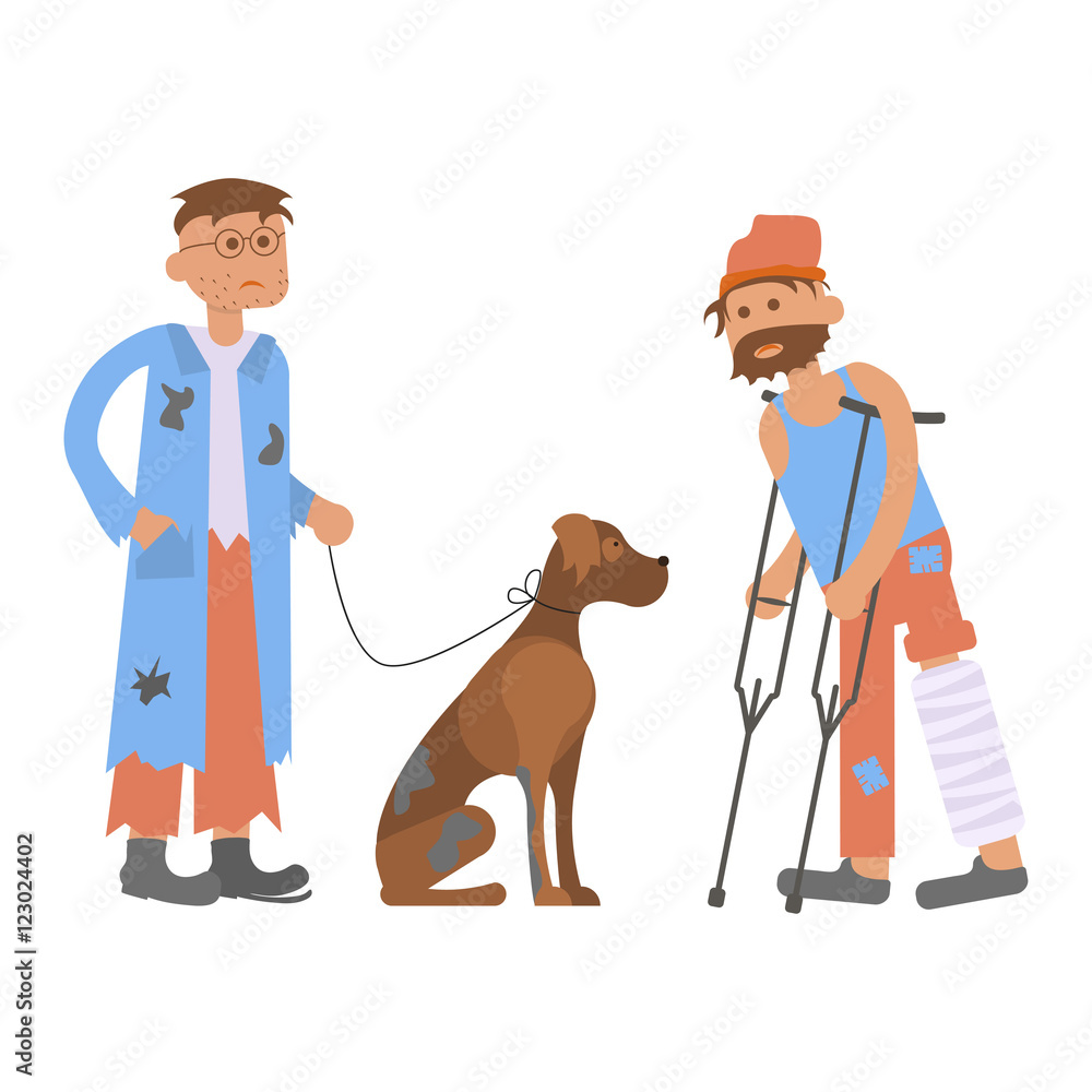 Tramp person with homeless dog in dirty ragsand and Hungry man with leg ...
