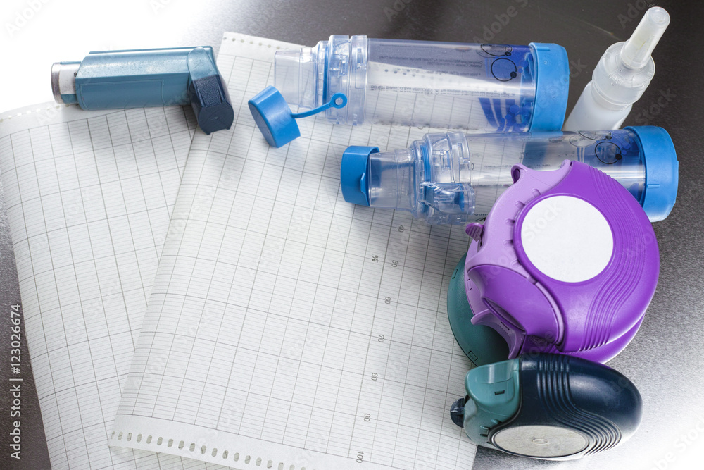Asthma relief concept, salbutamol inhalers, medication and paper Stock ...