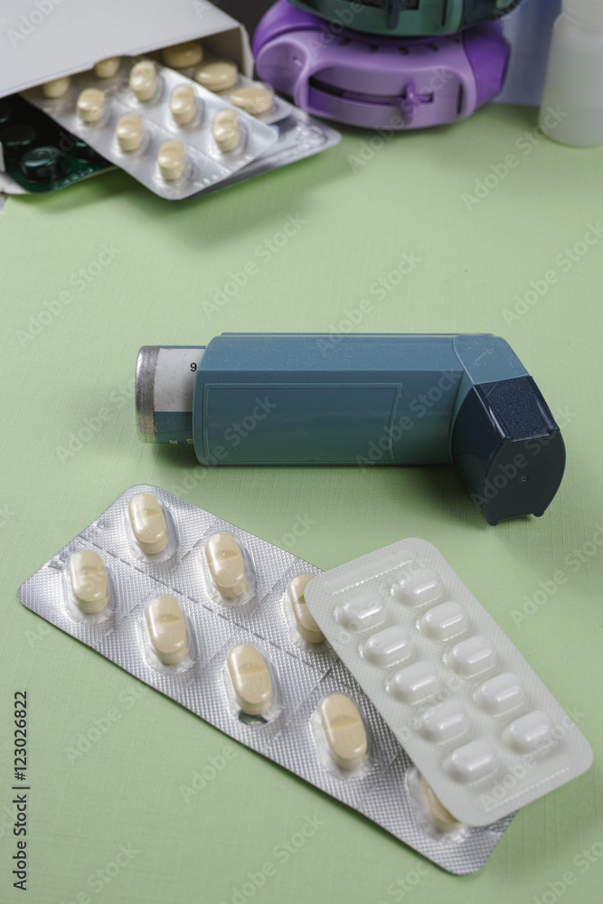 Asthma, allergy, illness relief concept, salbutamol inhalers an Stock ...