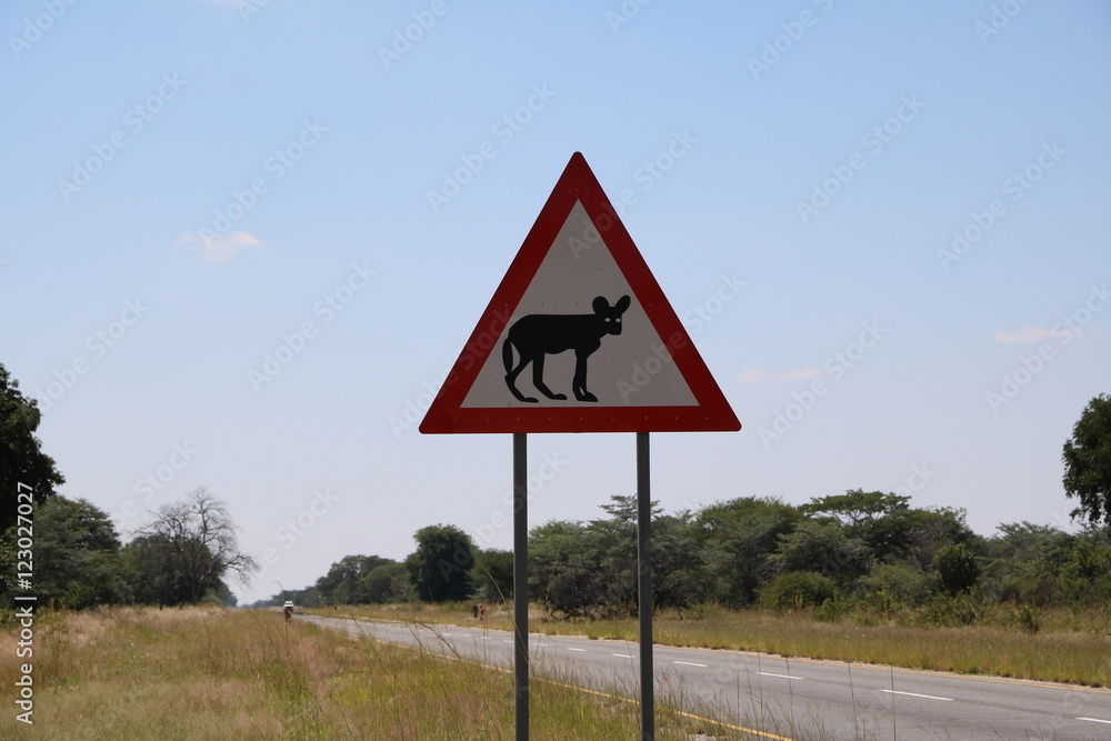 Caution Bat eared fox! Traffic sign in Botswana, Africa Stock Photo ...