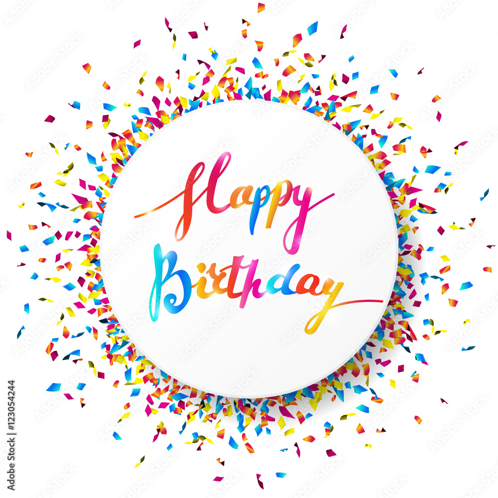 Bright Happy Birthday banner with colorful confetti. Vector ...