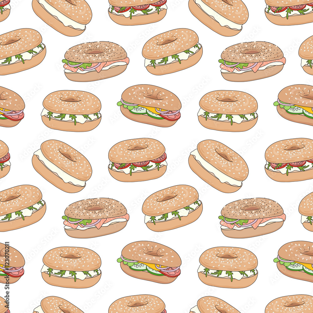 Hand drawn various fresh bagel sandwiches vector seamless pattern ...