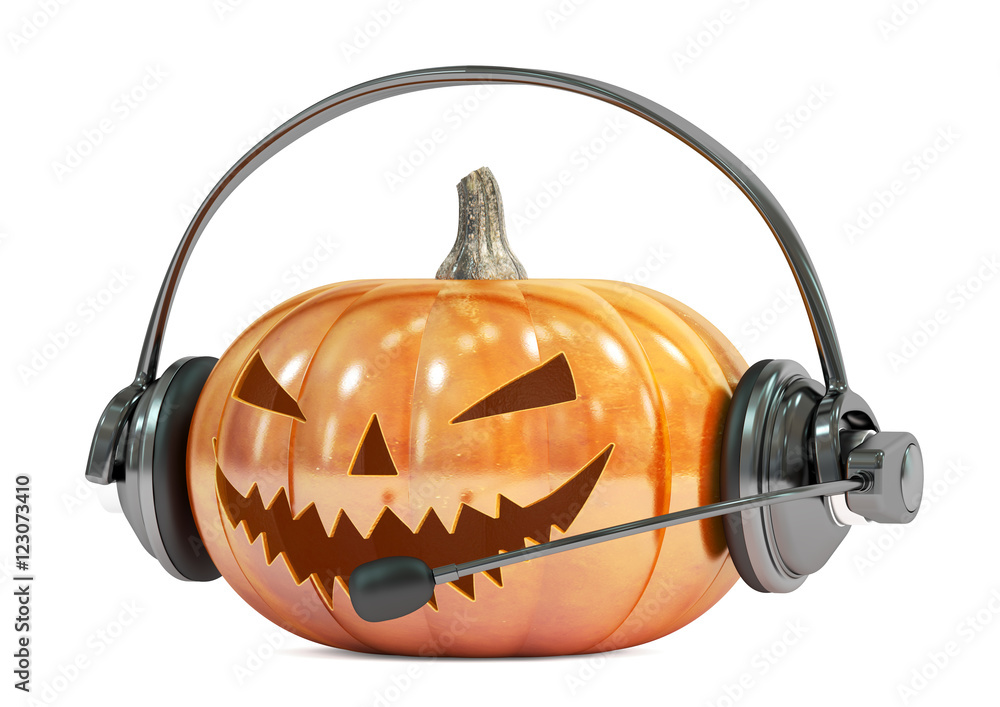 Halloween pumpkin with headset or headphones 3D rendering Stock ...