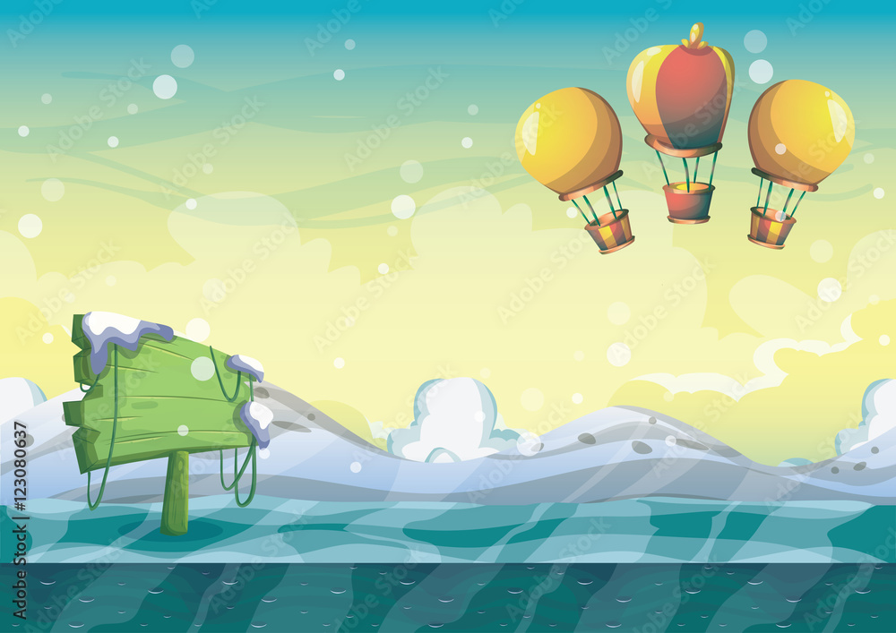 cartoon vector snow landscape background with separated layers for game ...