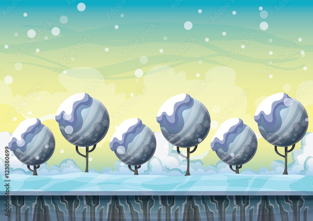 cartoon vector snow landscape background with separated layers for game ...