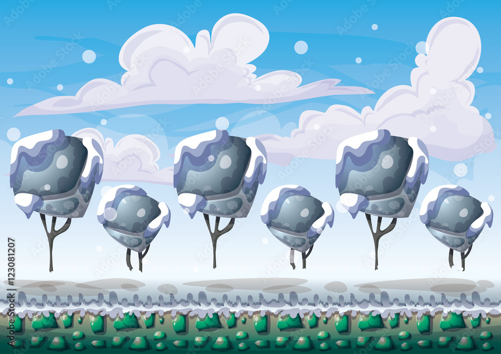 cartoon vector snow landscape background with separated layers for game ...
